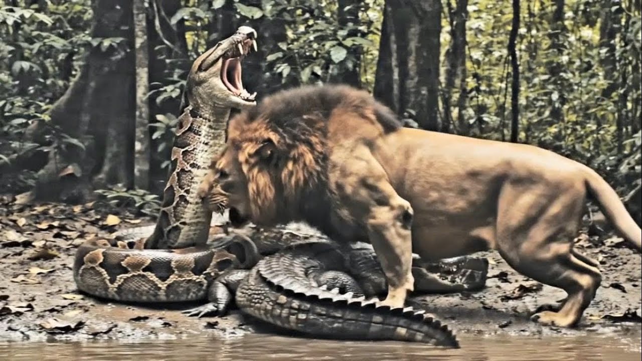 Snakes eat Crocodiles? Burmese Pythons Vs Crocodiles rescued by Lions - YouTube