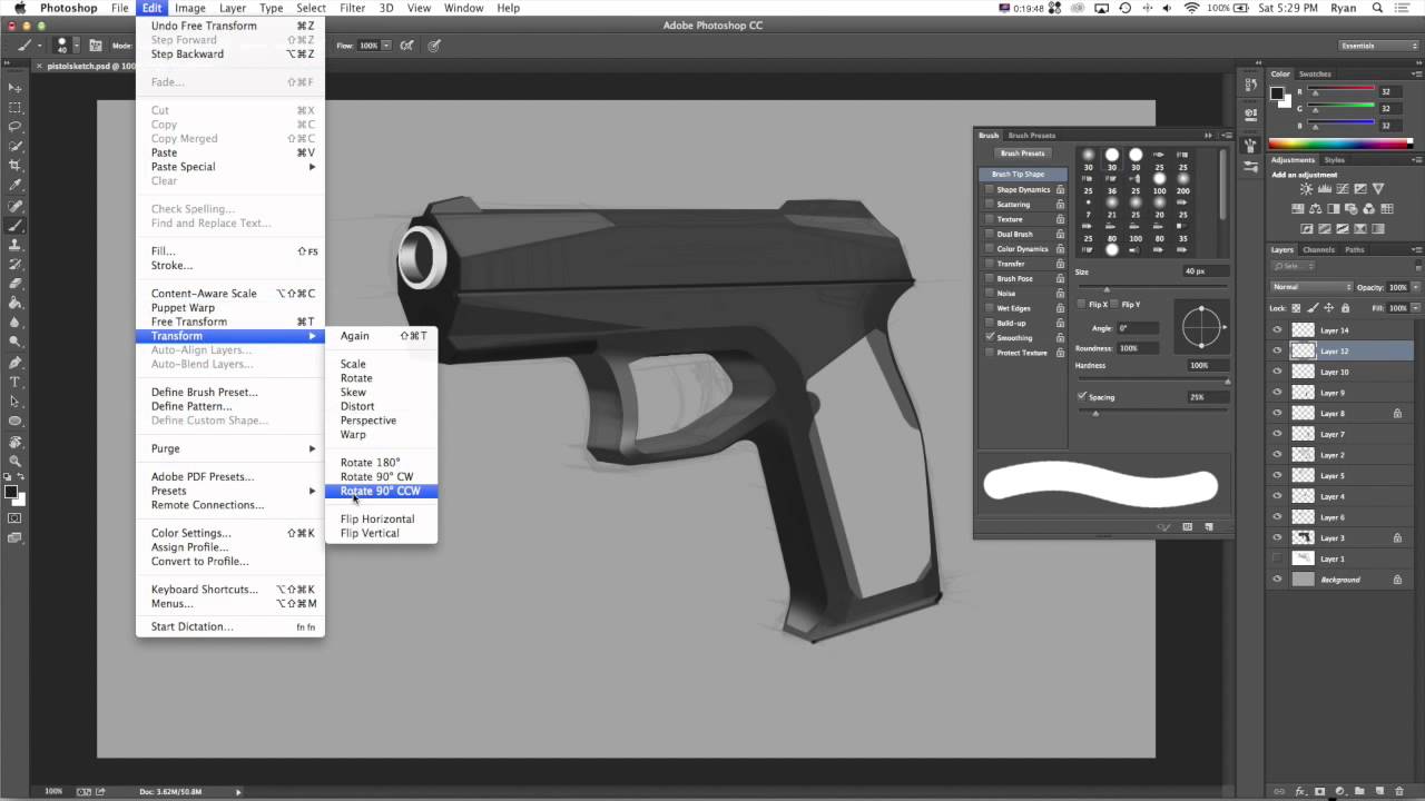 Pistol Sketch and Photoshop Rendering - YouTube