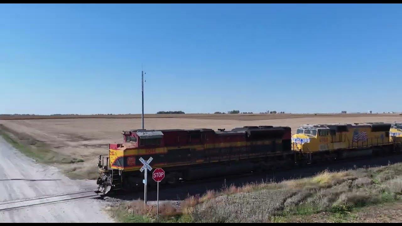 Drone video of KCS and 3 UP locomotives southbound on the Spine Line - YouTube