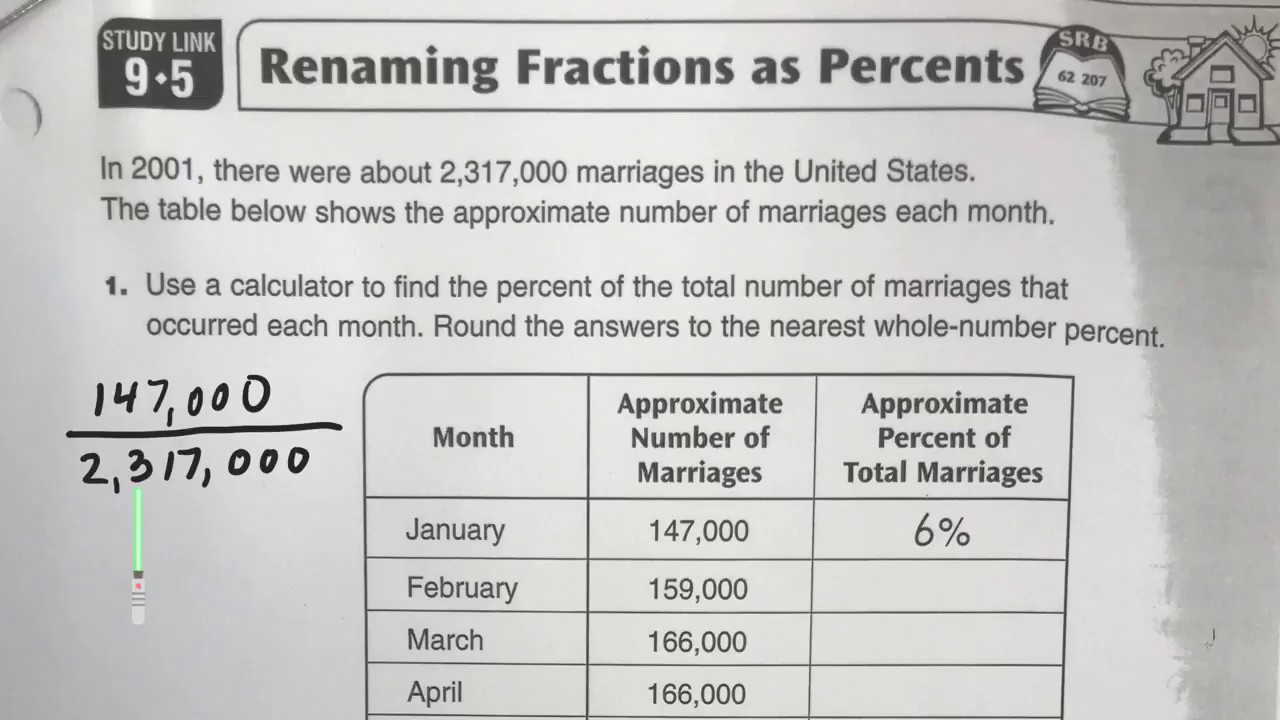 Renaming Fractions as Percents (study link 9.5) - YouTube