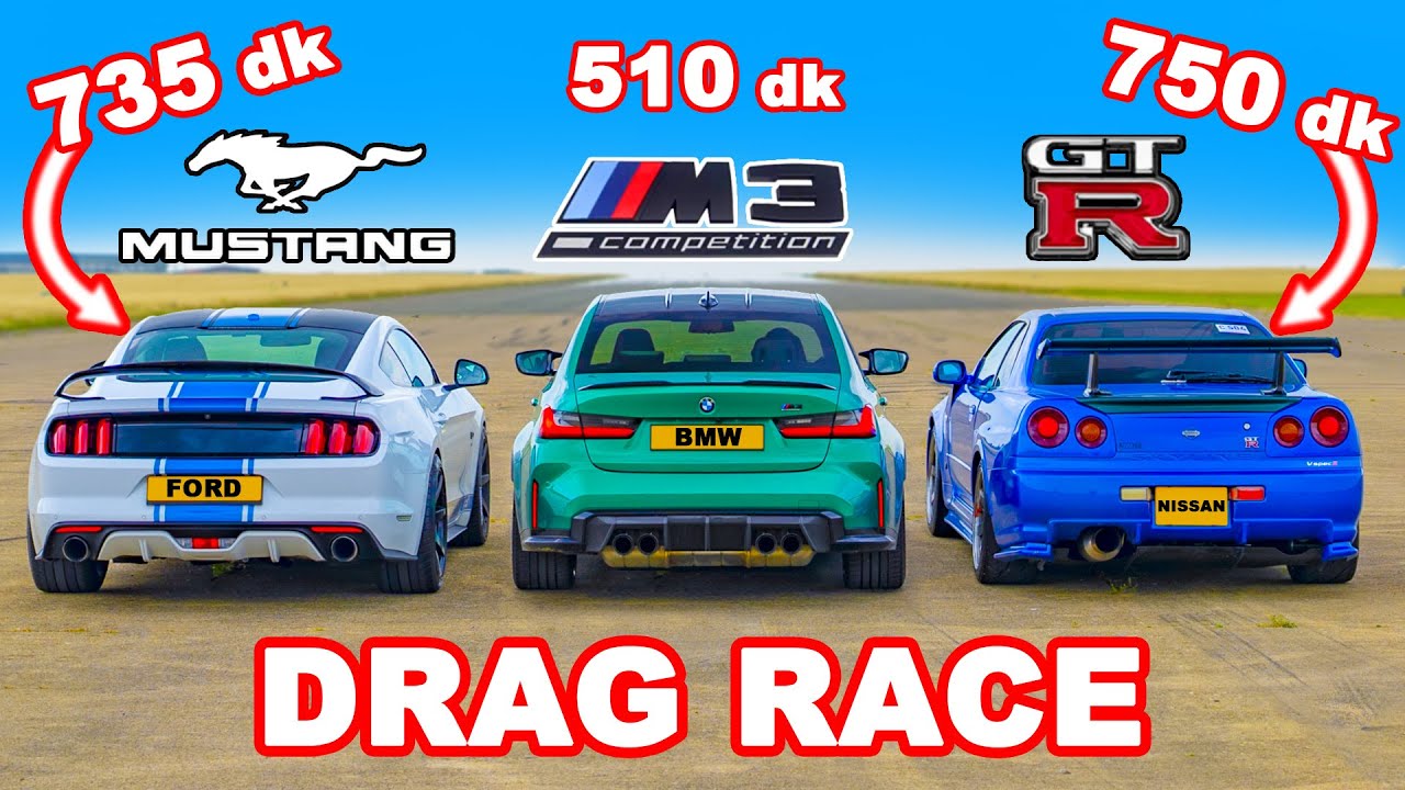 Nissan Skyline R34 GT-R 750 dk v Mustang 735 dk v BMW M3: DRAG RACE ...