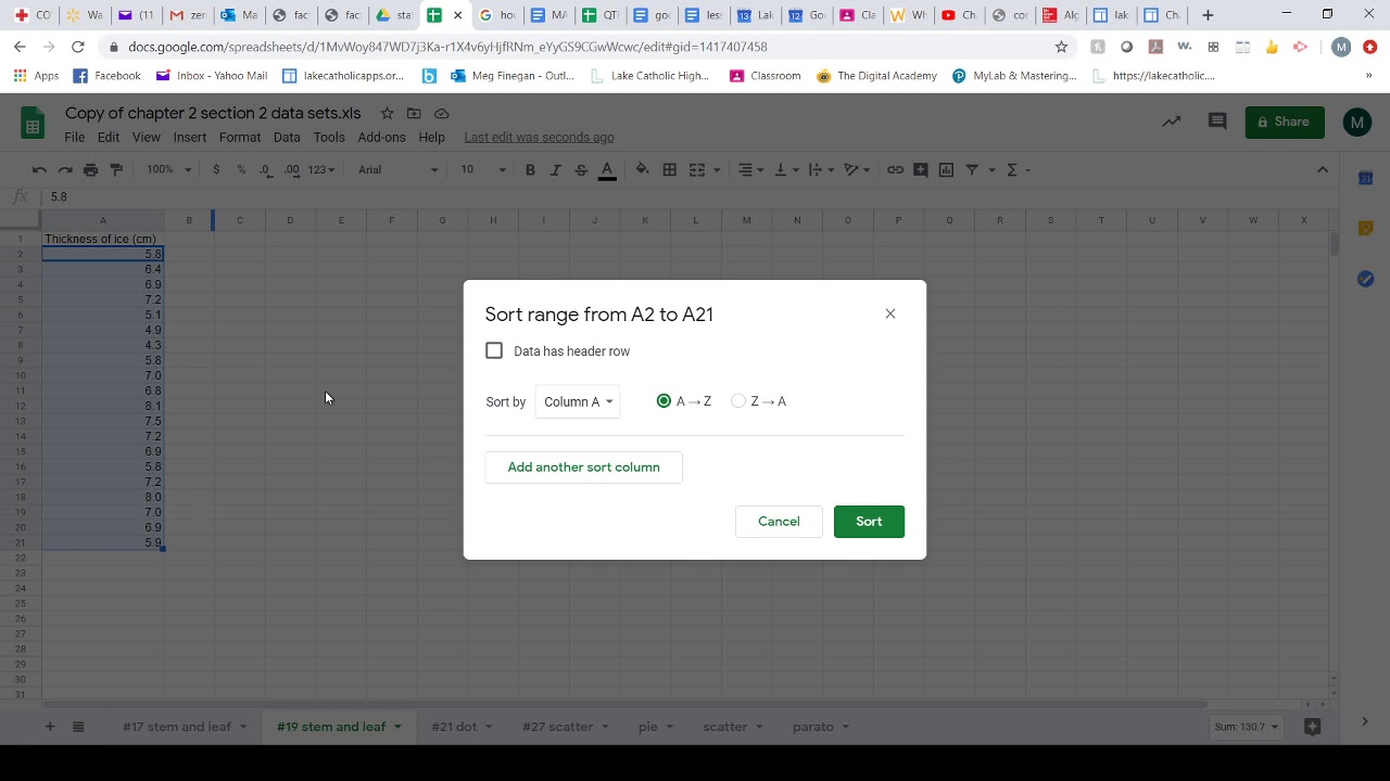 statistics 2nd chapter google sheets stem and leaf - YouTube