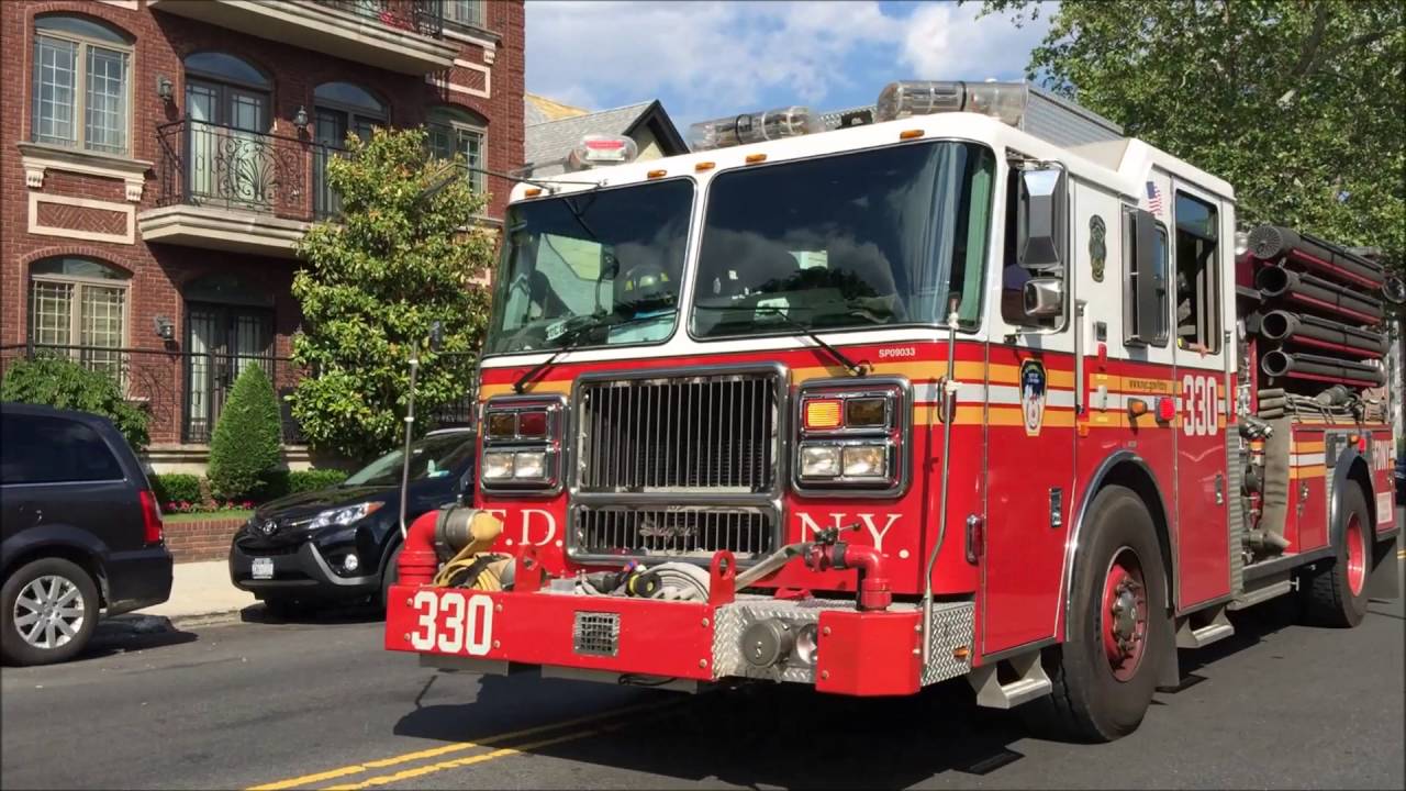 FDNY ENGINE 330 RESPONDING URGENTLY WITH AIR HORN TO REPORTS OF FIRE IN ...