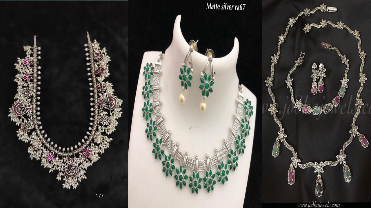 silver necklace set design || silver necklace with earrings /Chandi ke ...