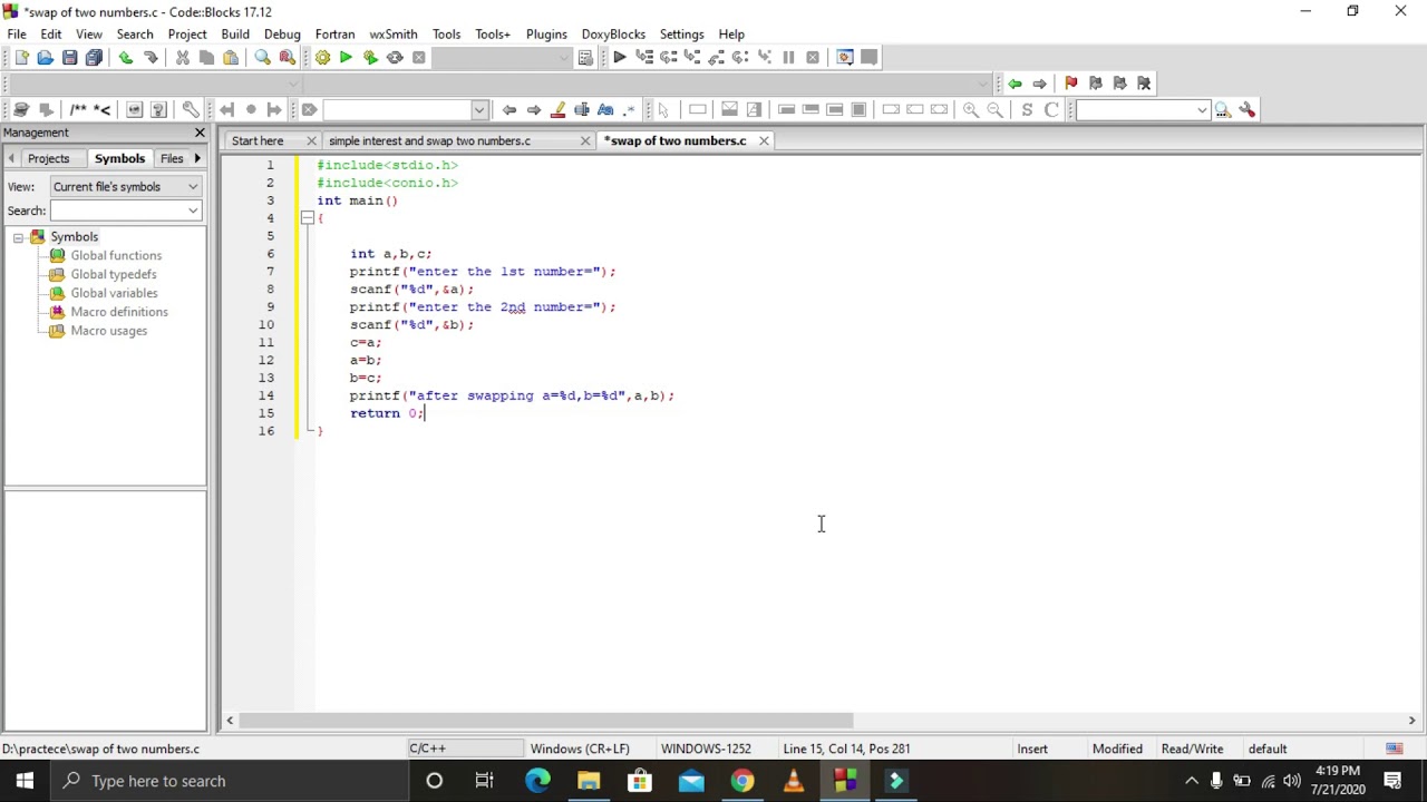 C Programming Swapping Of Two Numbers Youtube