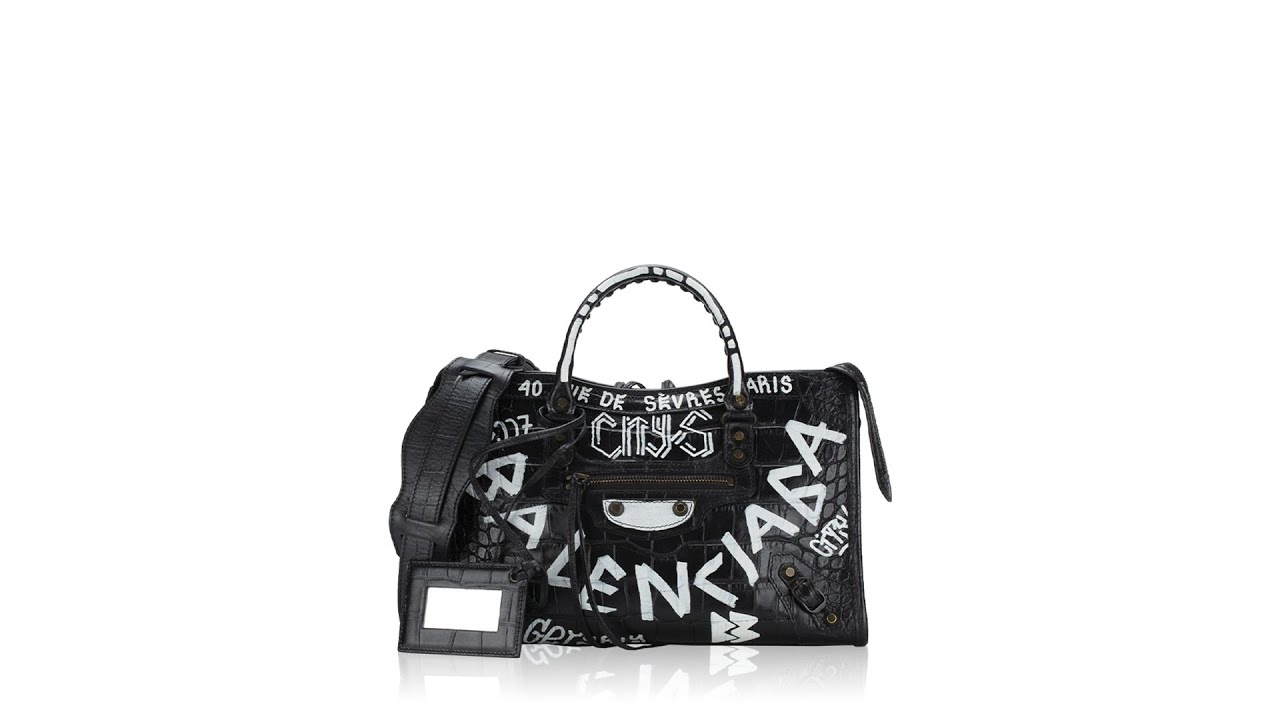 Balenciaga Croc Effect Classic Graffiti All Over Small City Black - YouTube