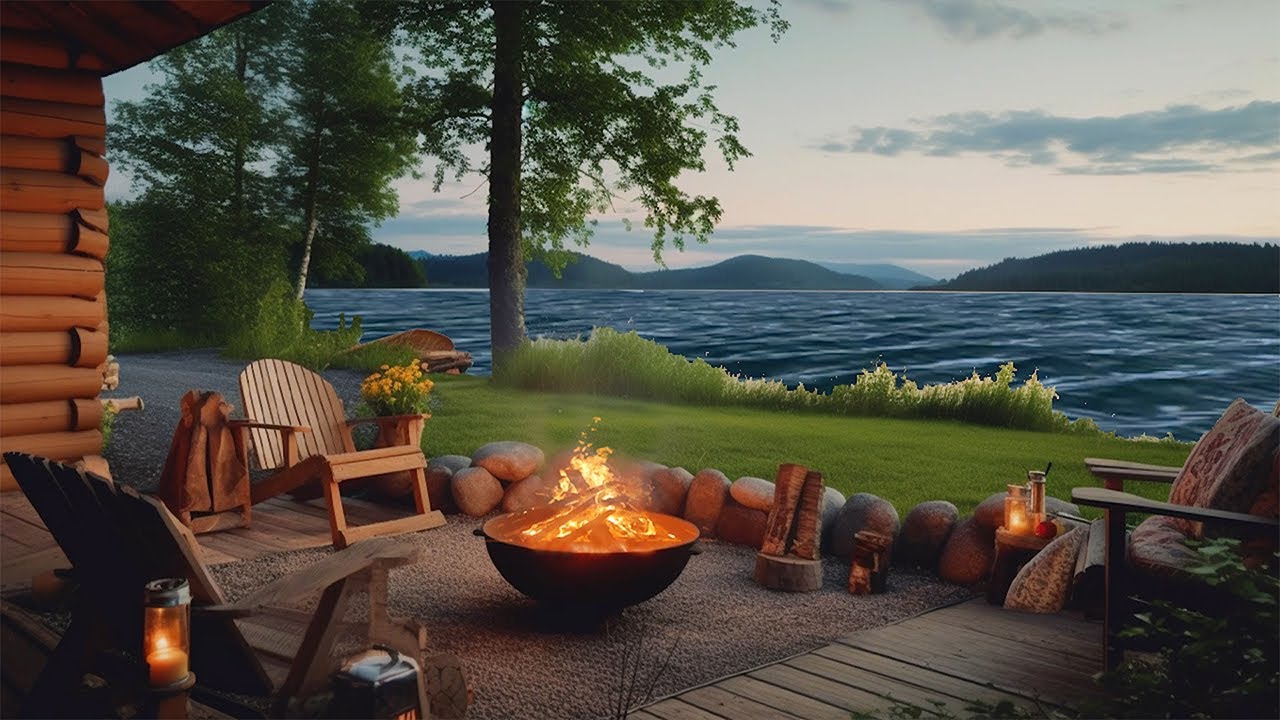 Cozy Cabin Porch Ambience with relaxing piano & Fireplace Sound, Lake ...