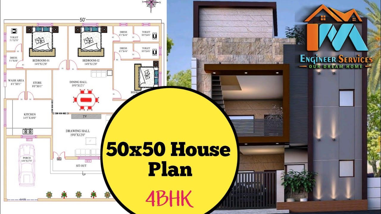 50x50 Square feet house plan, 50x50 House Design, #50x50housePlan - YouTube