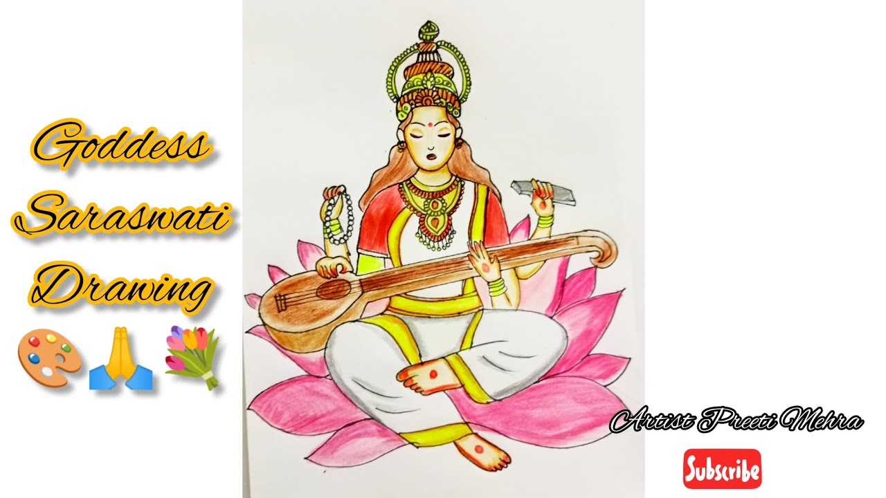 How to draw Goddess Saraswati step by step/ Easy Goddess Saraswati ...