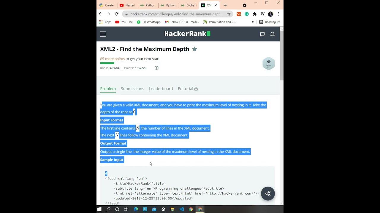 XML2 - Find the Maximum Depth|| HackerRank Python - YouTube