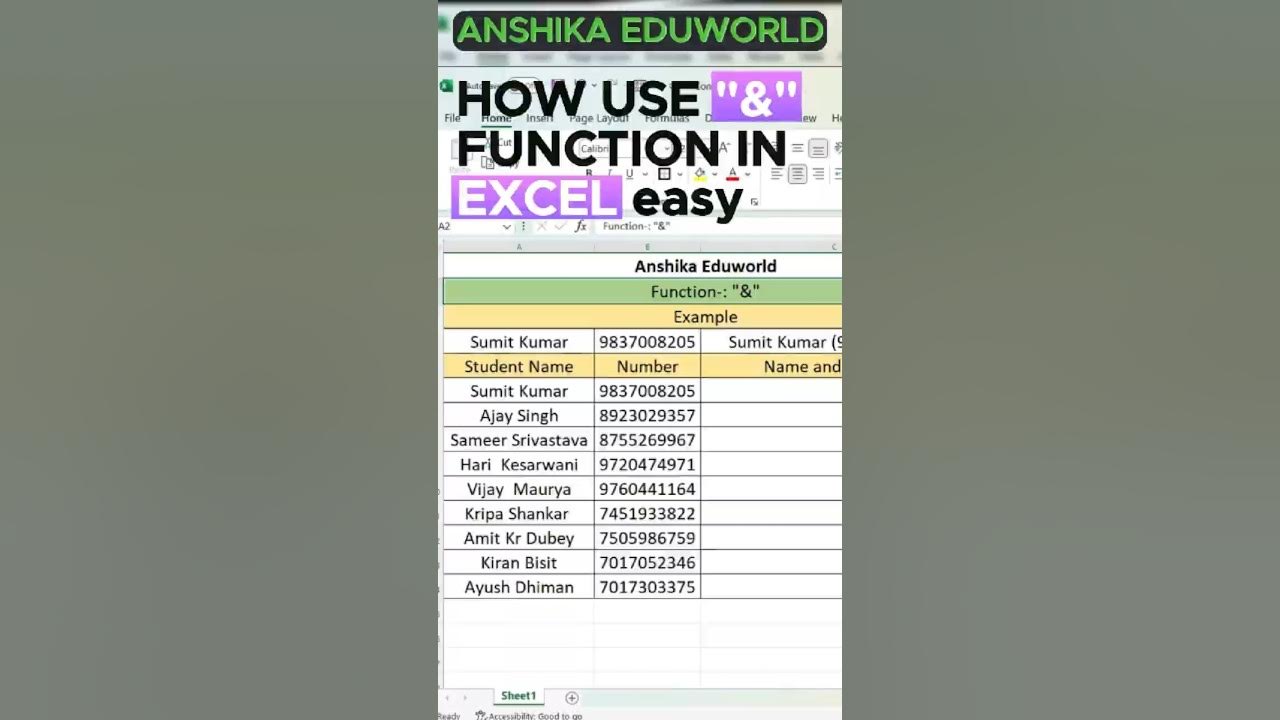 excel "&" function in hindi , and function ka use kaise kre excel me, how use "&" function in ...