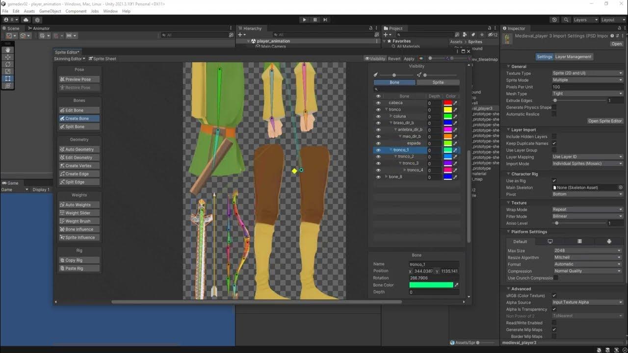 Como animar personagem 2d direto no Unity - rigging com bones do Unity 2d - YouTube
