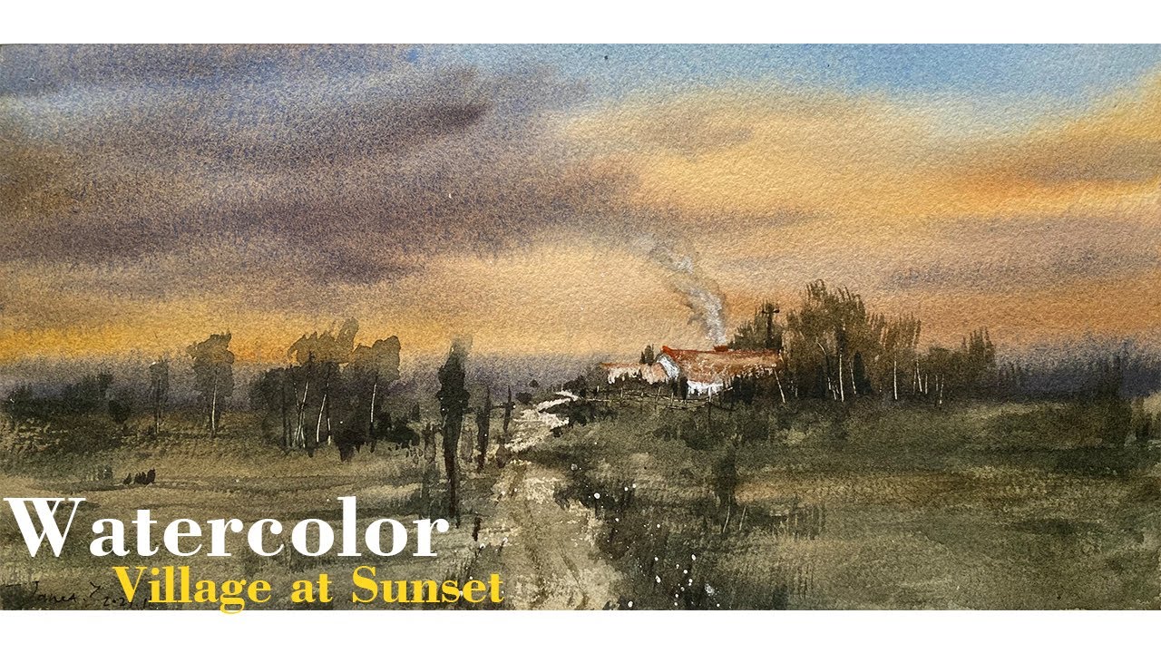Watercolor painting process, village at sunset - YouTube