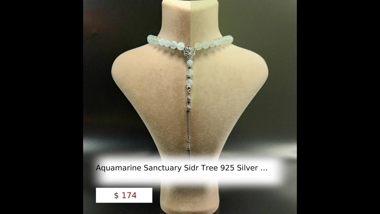 Aquamarine Sanctuary Sidr Tree 925 Silver Minaret 33 Beads Tasbih ...
