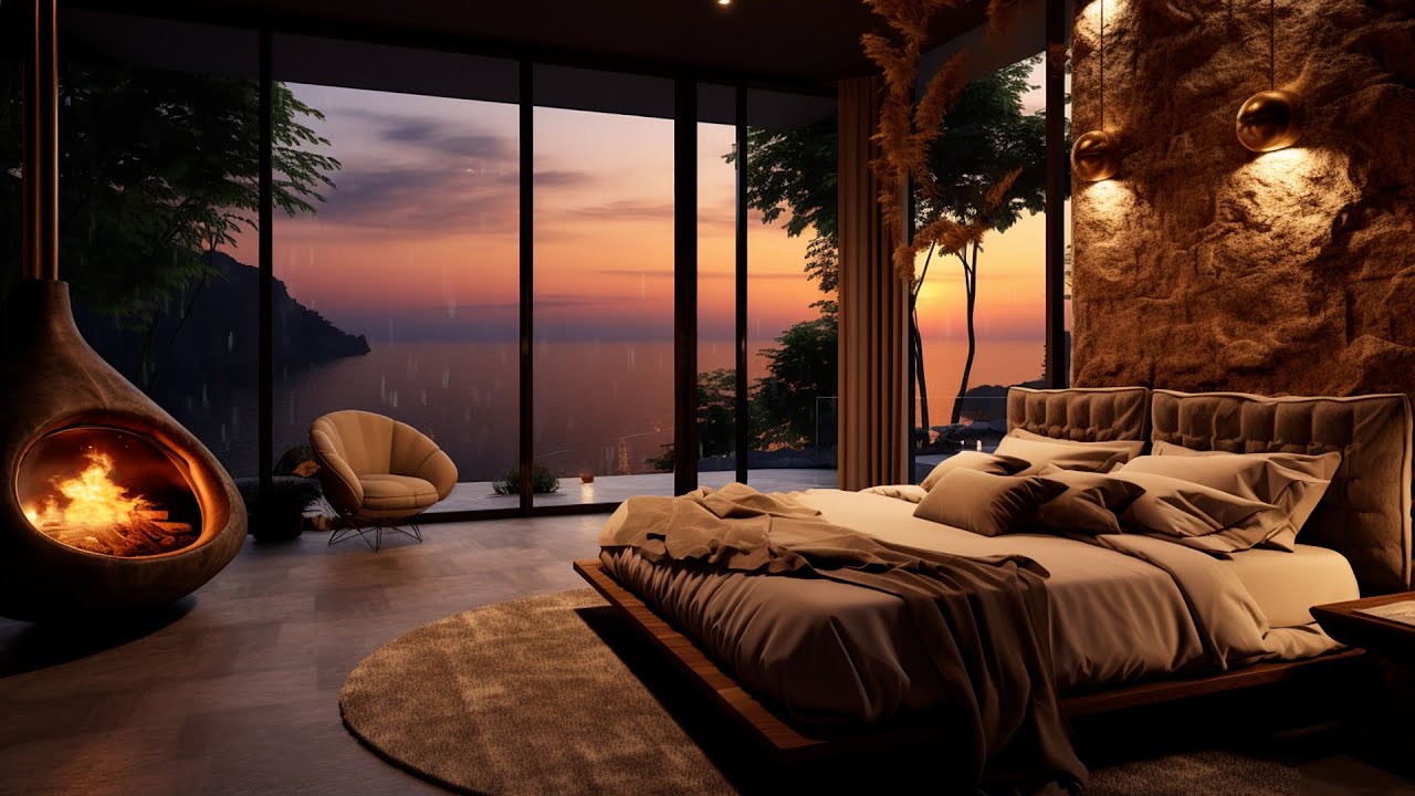 Cozy Beach Resort Ambiance | Gentle Rain And Crackling Fireplace At A ...