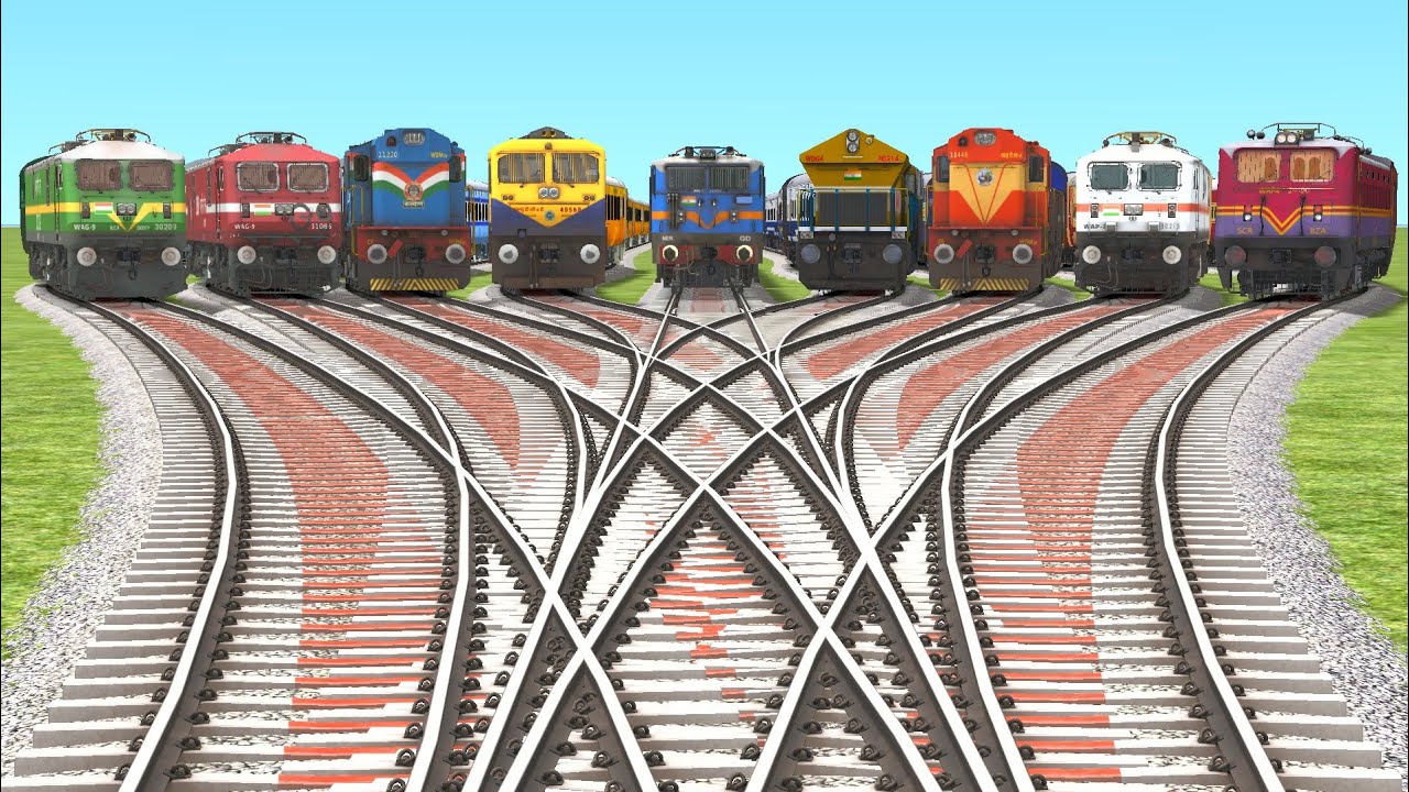 9 TRAIN CROSSING ON DIAMOND FORKED RAILROAD | Electric Train | Bumpy ...