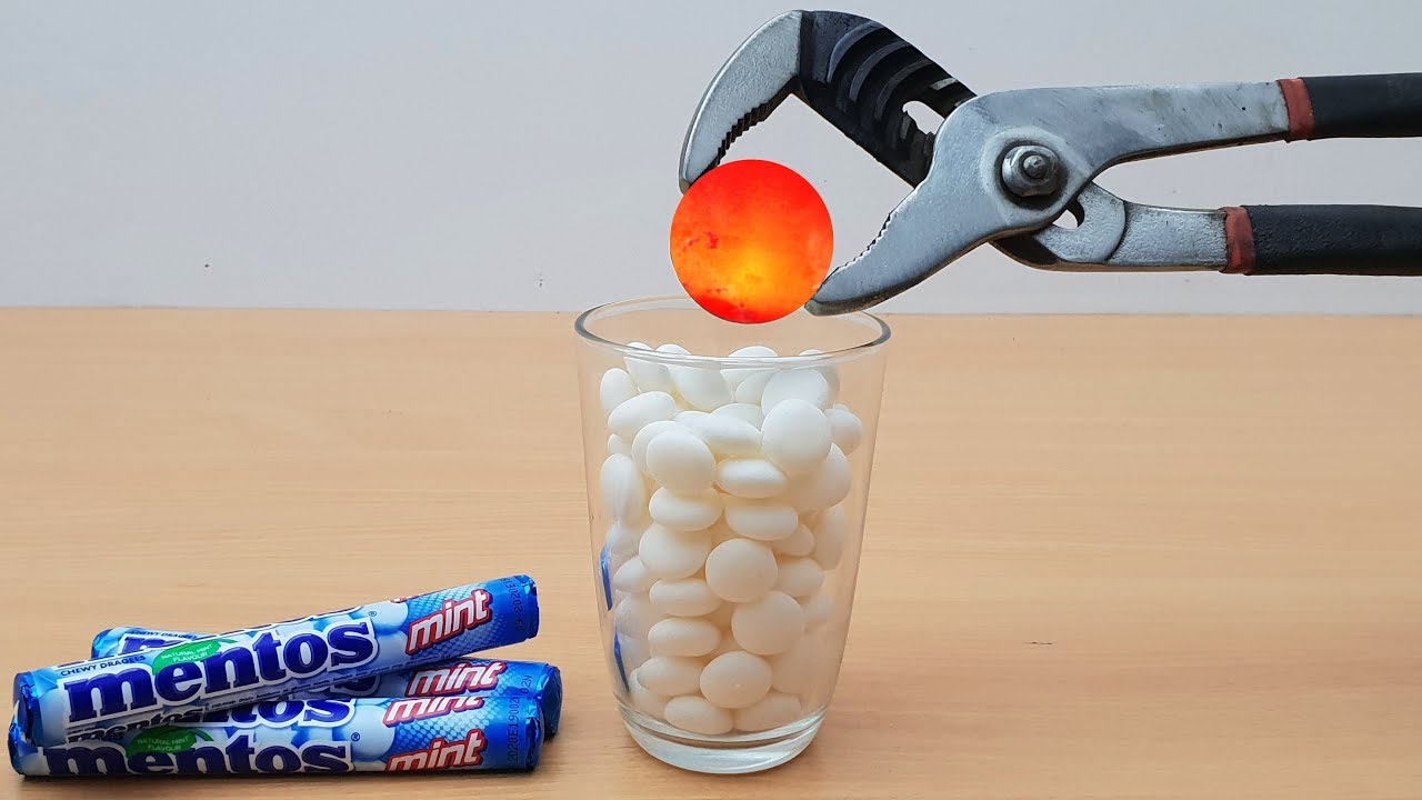 EXPERIMENT Glowing 1000 Degree METAL BALL vs MENTOS - YouTube