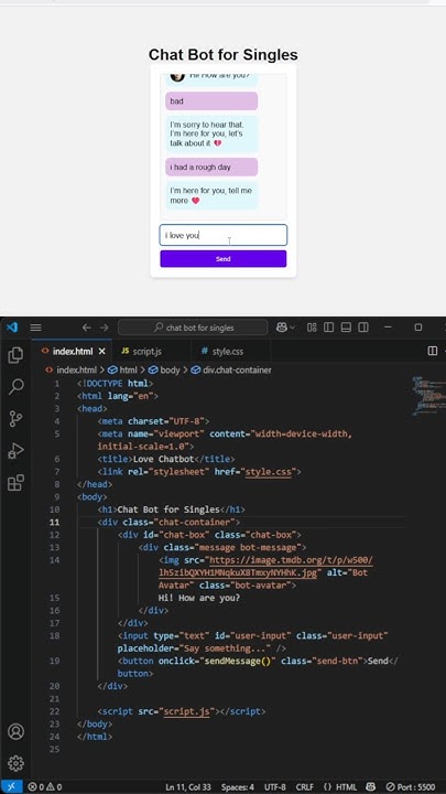 HTML CSS CHAT BOT FOR SINGLES #shorts #short #trending #trendingshorts #javascript #python # ...