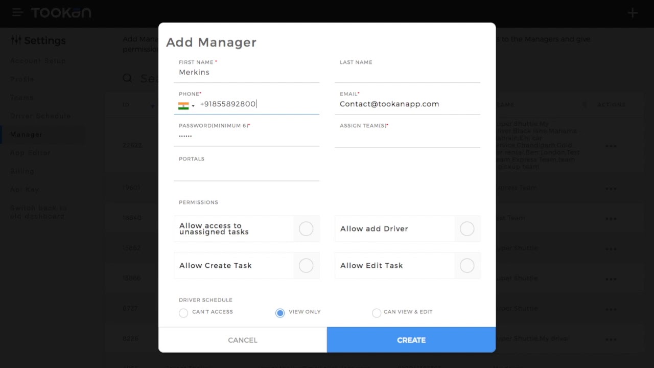 Tookan Dashboard Add Manager - YouTube