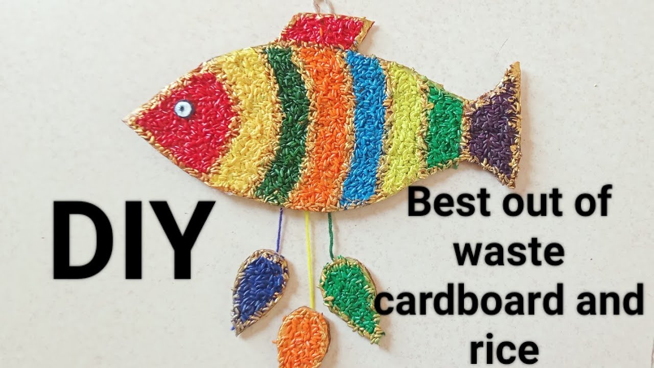 Diy fish wall hanging craft ideas using rice and cardboard || best out ...