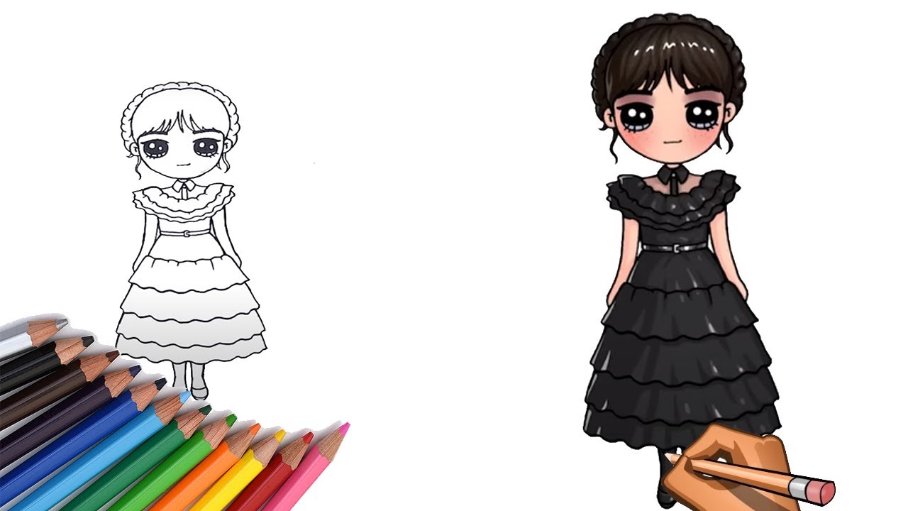 How to Draw Wednesday Addams | Rave'N Dance Dress - YouTube