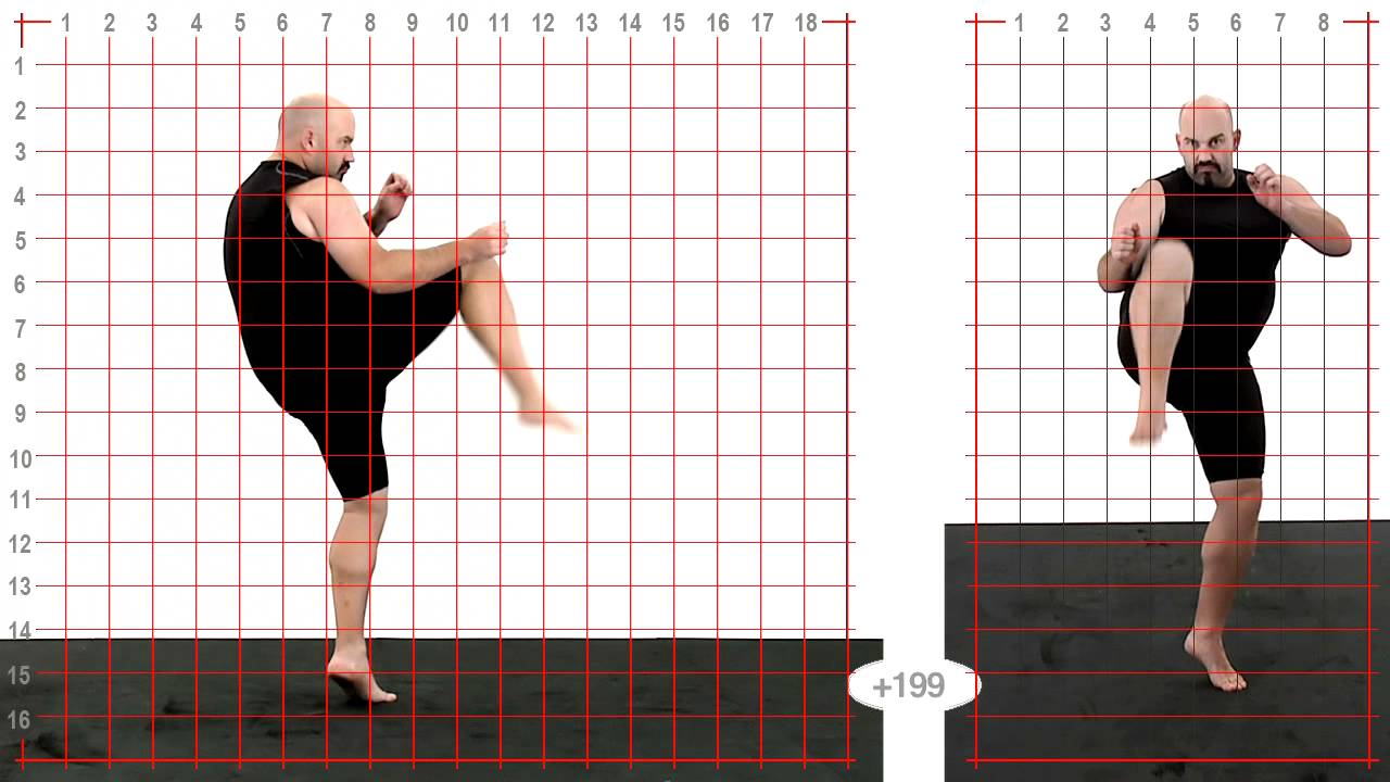 Snap Kick High: Grid Overlay: Larger Male - Animation Reference Body ...