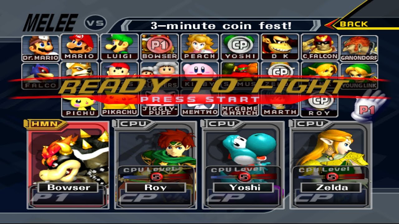 Bowser VS Roy VS Yoshi VS Zelda | 3 Min Coin | Super Smash Bros Melee ...