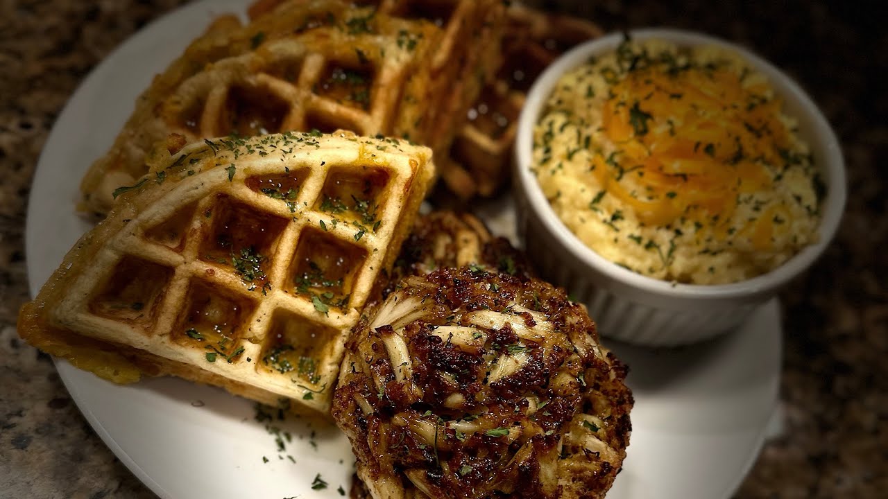 Homemade Cheddar Bay Waffles & Crab Cakes Recipe - YouTube