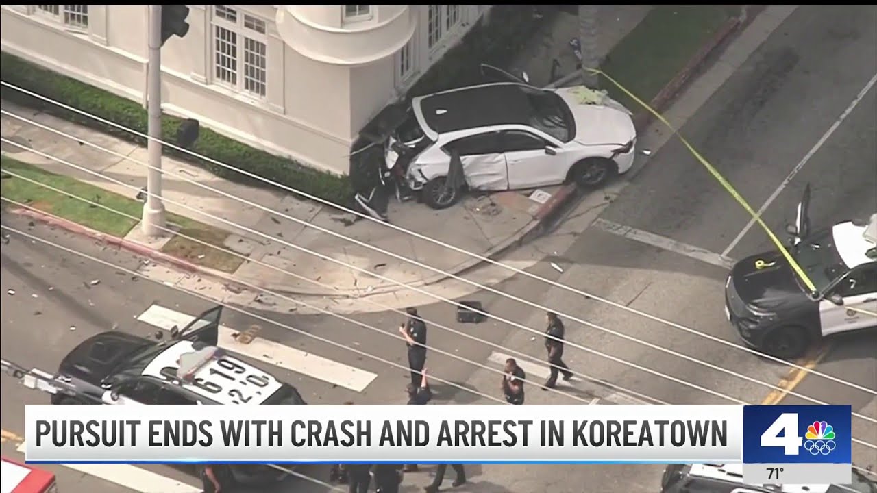 Pursuit ends with crash and arrest in Koreatown - YouTube