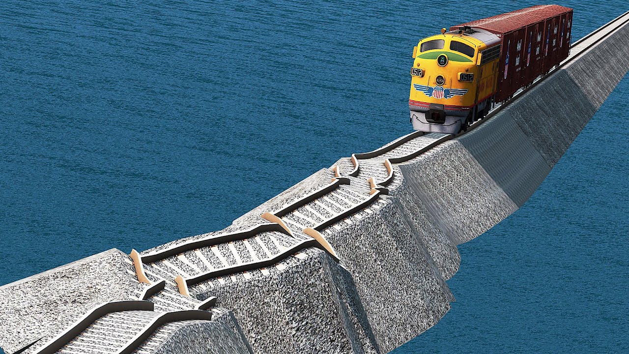 Train vs Distorted Rail Track Crossing Deepwater - BeamNG.Drive - YouTube