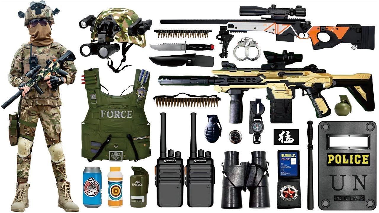 Unpack and collect toy guns, M16 assault rifles, Colt M1911 pistols ...