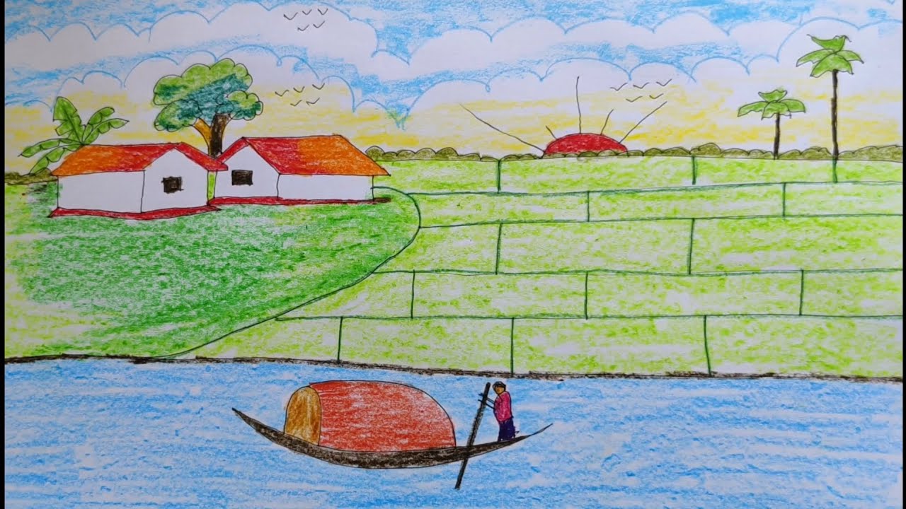 Colorful Drawing Of A Charming River Village | Vibrant River Village ...