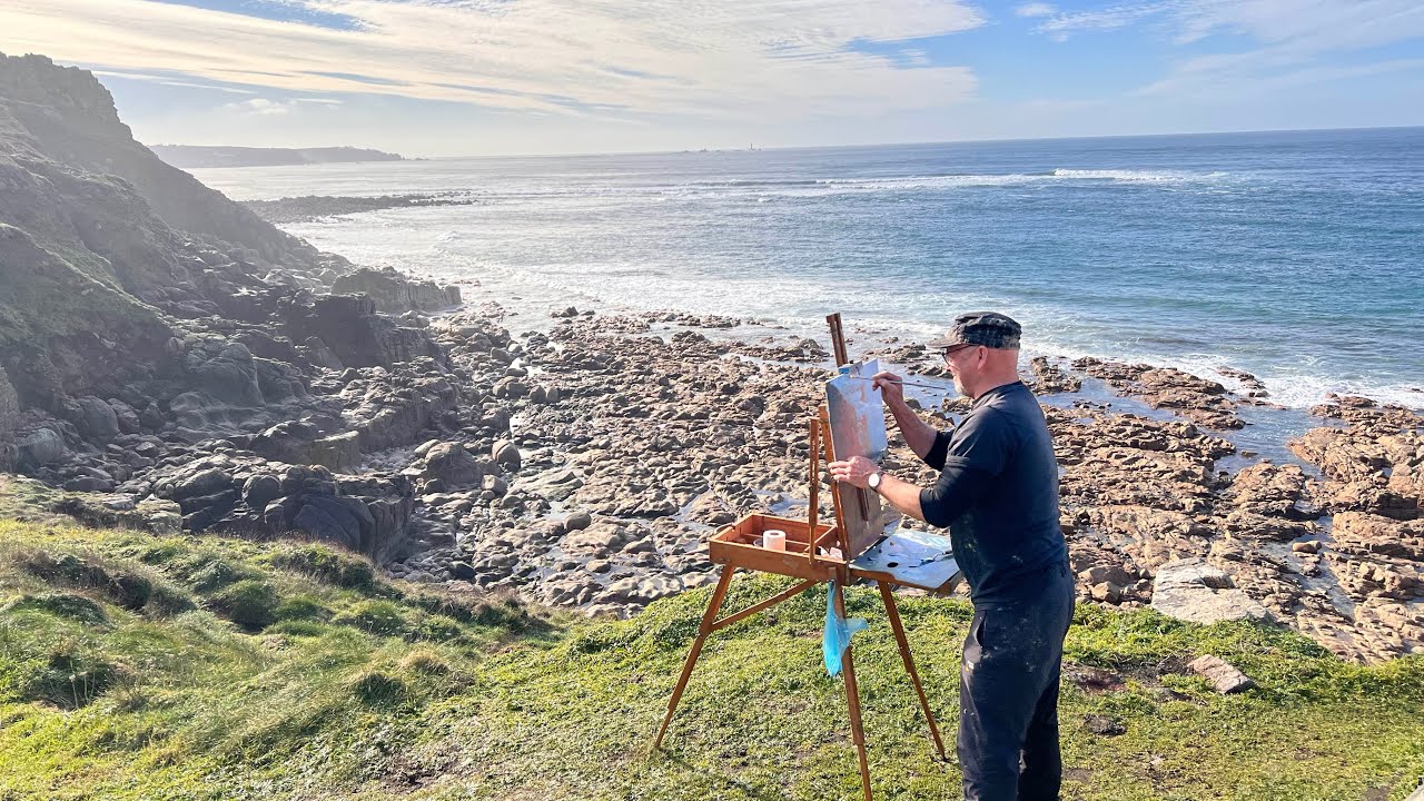 Neil Pinkett painting en plain air on the cliffs in Cornwall - YouTube