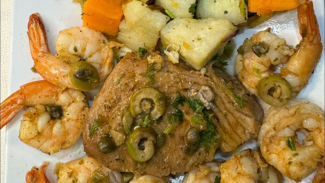 Sauté ground provision with Tuna steak & shrimp - YouTube