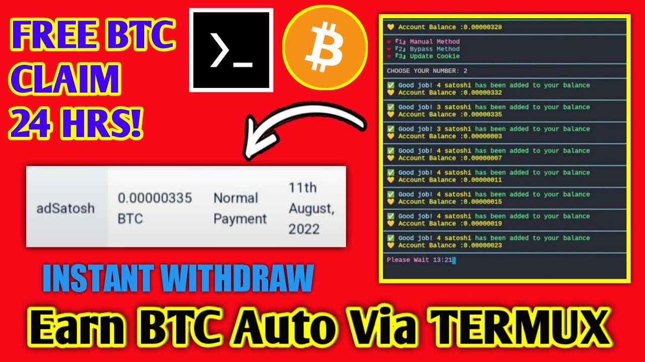 Earn BTC Auto Via Termux | Free BTC Claim 24 Hours | Adsatosh Payment ...