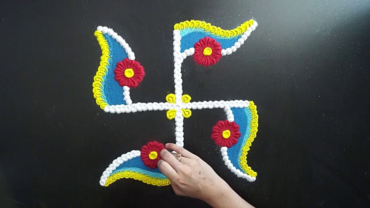 Swastik Rangoli Designs With Colours || Easy Swastik Rangoli Design ...