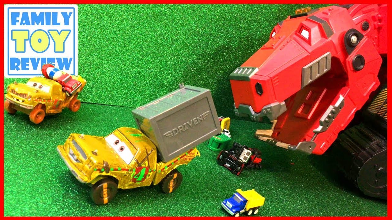 Cars 3 Toys Dinotrux Toys Ty Rux CHASES TACO and EATS Tiny Trucks ...