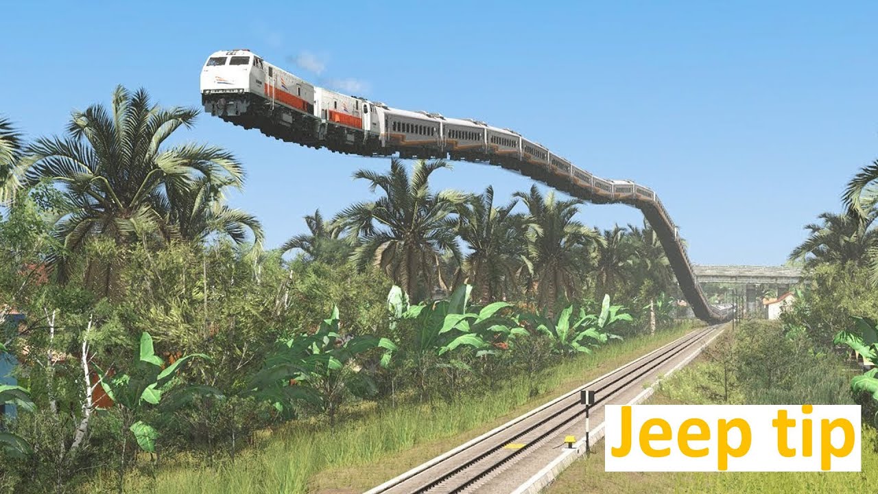flying train in the sky !!! the train fly green ground & over the trees ...