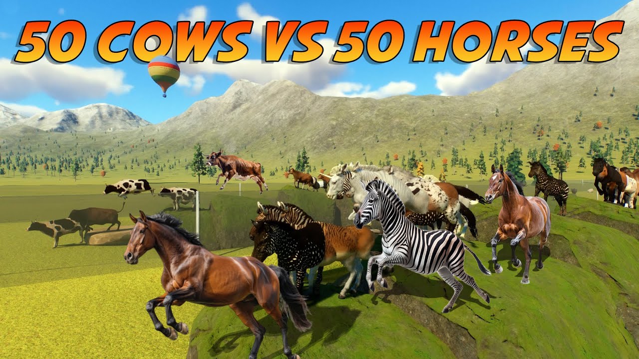 50 Cows VS 50 Horses Animals Race in Planet Zoo included Cow, Buffalo ...
