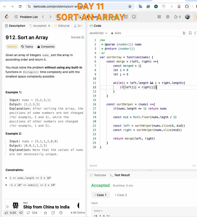 Sort An Array Dsa Coding Javascript Leetcodejavascript Leetcode 0576