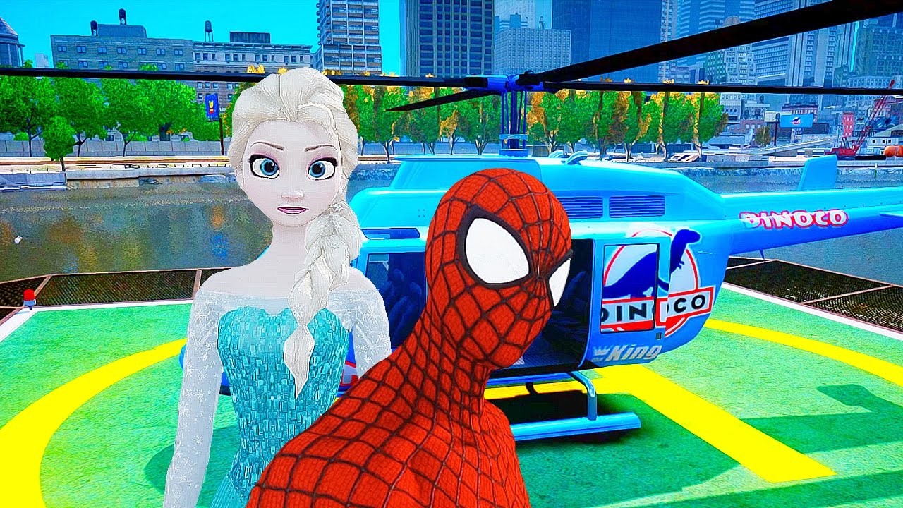 Superhero Spider Man and Elsa Cold Heart fly by helicopter Dinoko ...