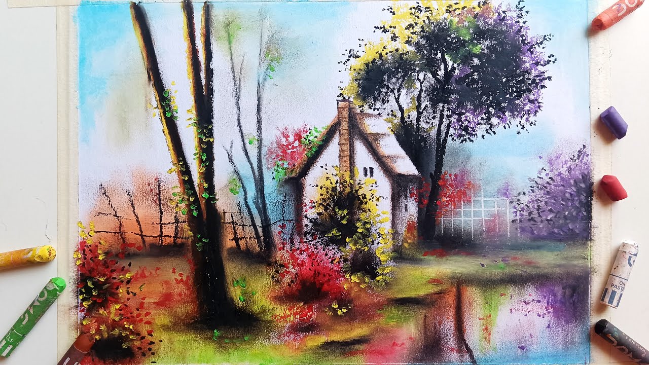 oil pastel drawing with 12 colour 🍂 ep 54 Paint a cozy cottage with me☕ ...