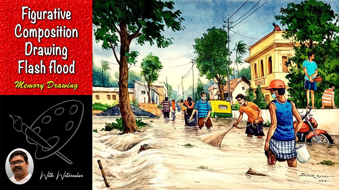 ⎪Flood Scenery Drawing Step By Step⎪Flood Drawing For Beginners⎪BFA ...