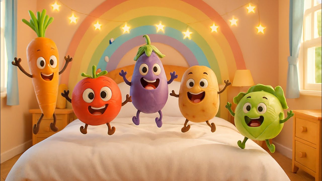 Five Little Vegetables Jumping on the Bed | Fun 3D Nursery Rhyme for ...