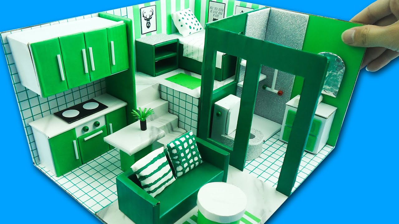 #2 DIY Miniature Cardboard House - Green Bedroom, Kitchen , Bathroom ...