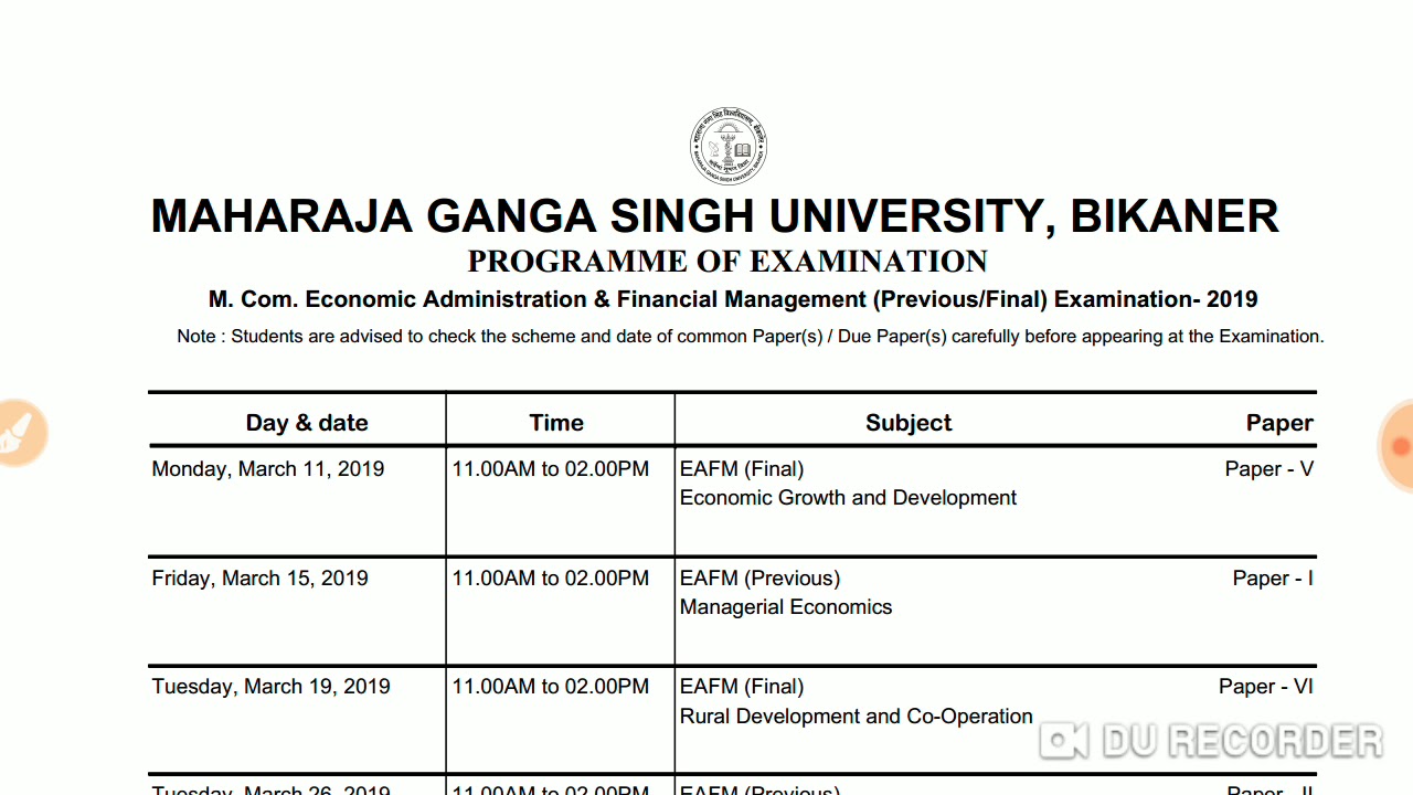MGSU Mcom EAFM Time Table 2019|| MGSU Time Table 2019|| MGSU|| - YouTube