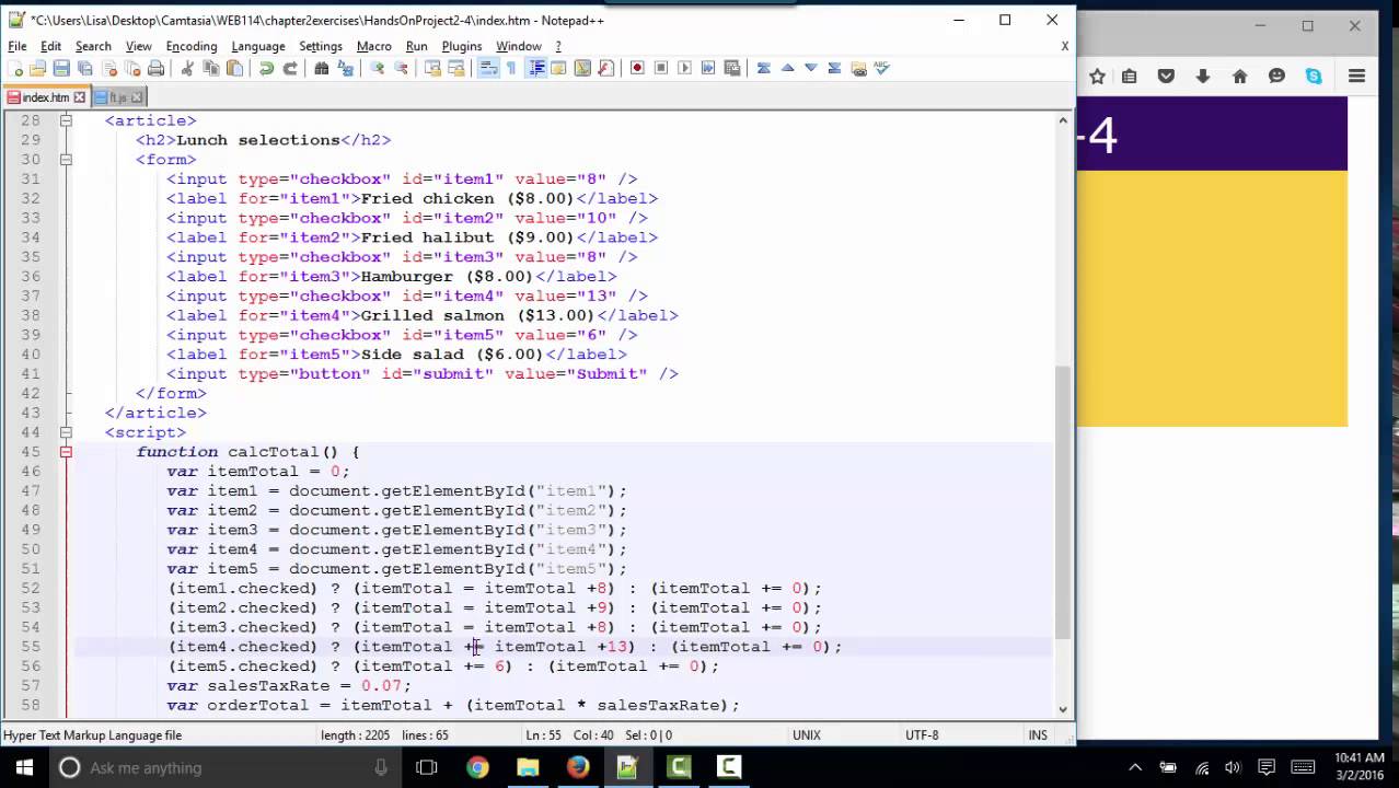JavaScript Web Warrior textbook Chapter 2 Hands on Project 2-4 debrief - YouTube