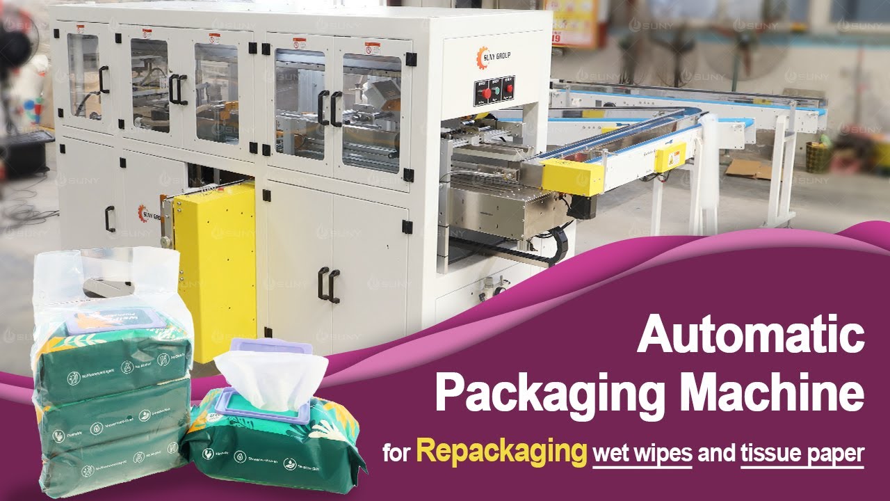 Automatic packaging machine for repackaging wet wipes and tissue paper ...