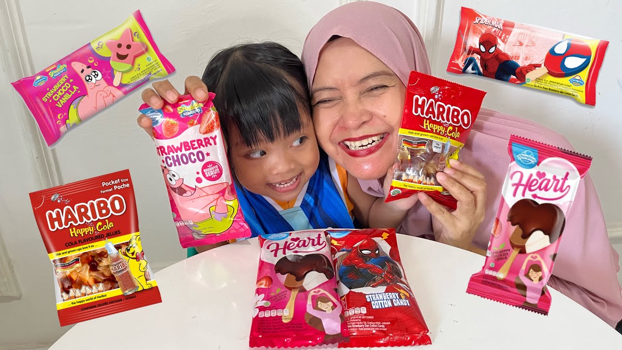 BORONG ICE CREAM KARAKTER SPIDERMAN,PATRICK,HATI DAN HARIBO HAPPY COLA ...