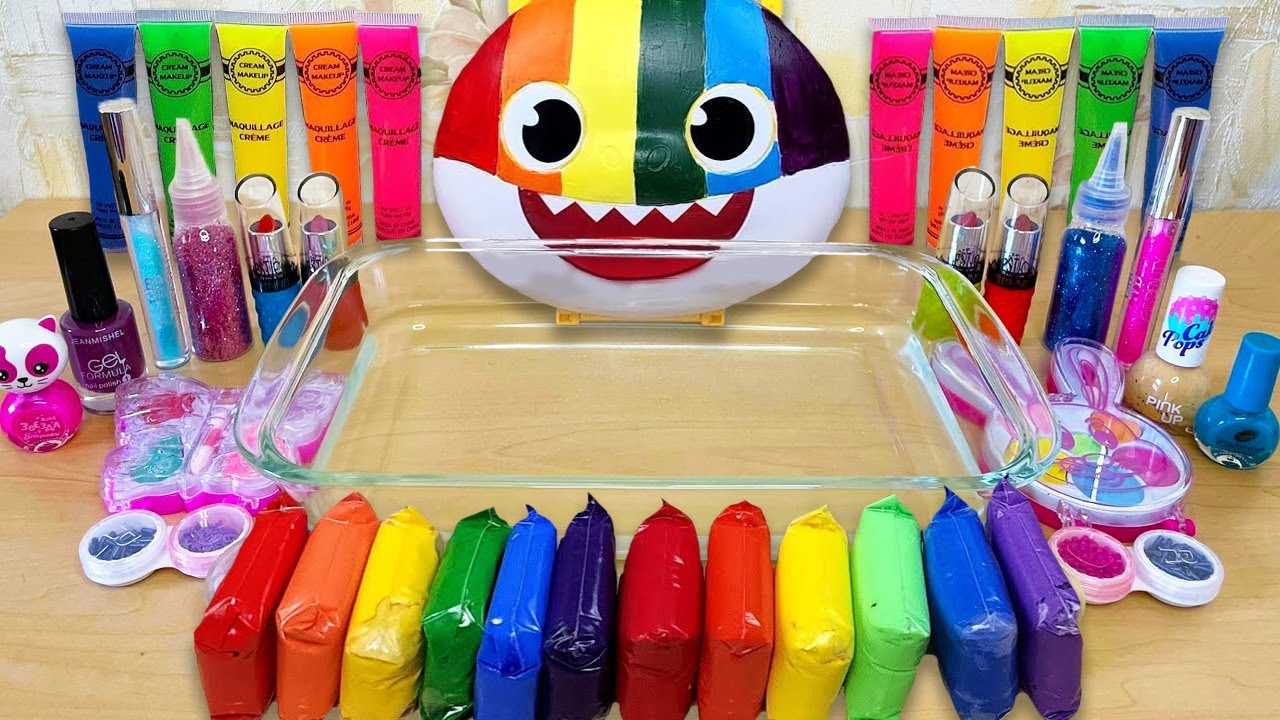 Rainbow Baby Shark Slime Mixing Makeup,Parts, Glitter Into Slime ...